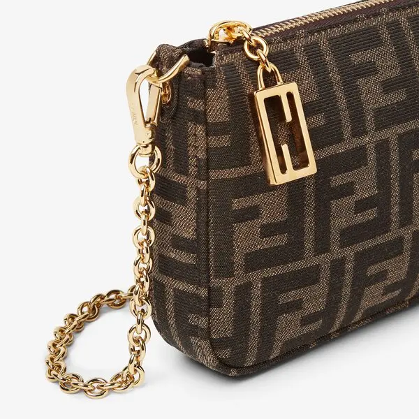 Fendi Tube Pouch Brown Jacquard Ff Fabric Clutch With Chain